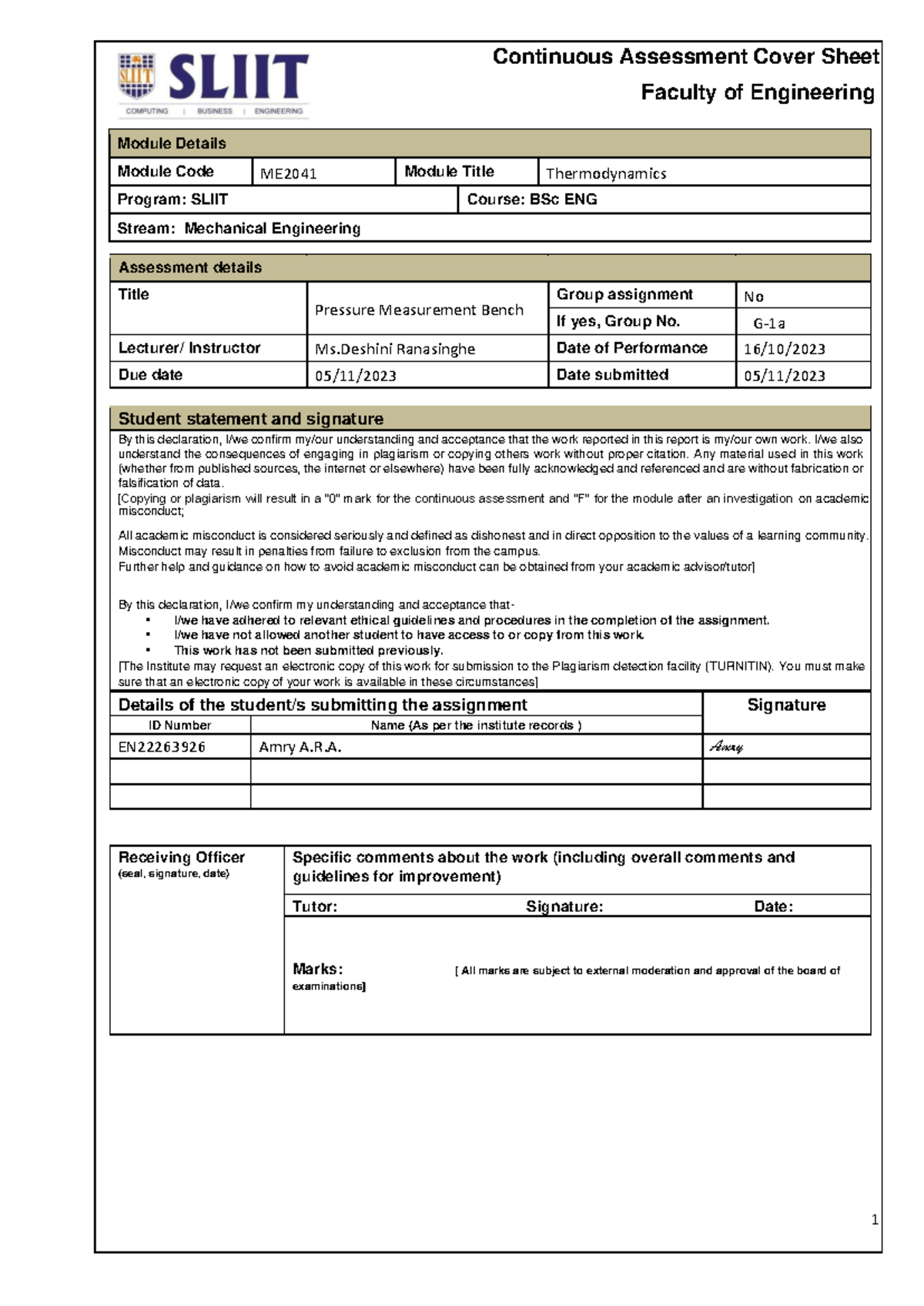 Pressure Measurment Bench - Continuous Assessment Cover Sheet Faculty ...