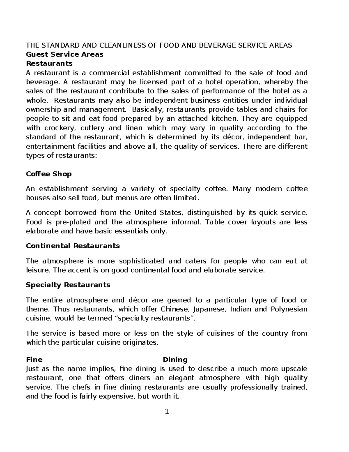 F & B Service Management - THE STANDARD AND CLEANLINESS OF FOOD AND ...