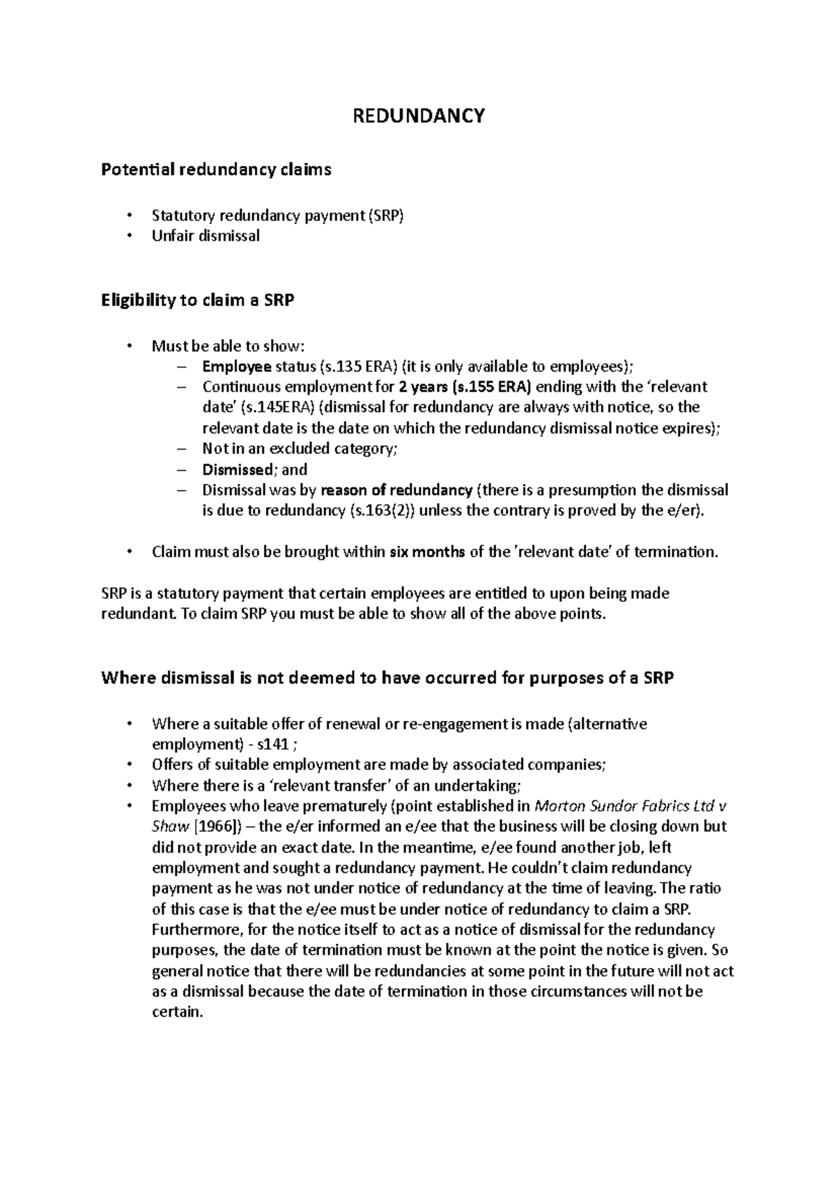 Redundancy - REDUNDANCY Potential redundancy claims Statutory ...