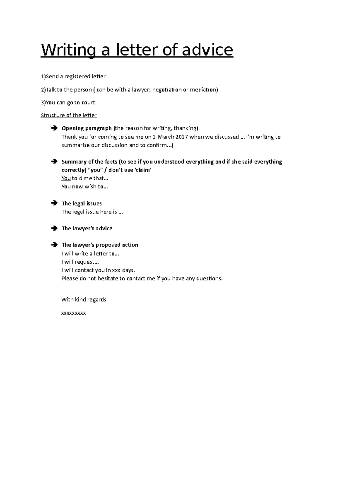 Letter of advice (writing) - Writing a letter of advice 1)Send a ...