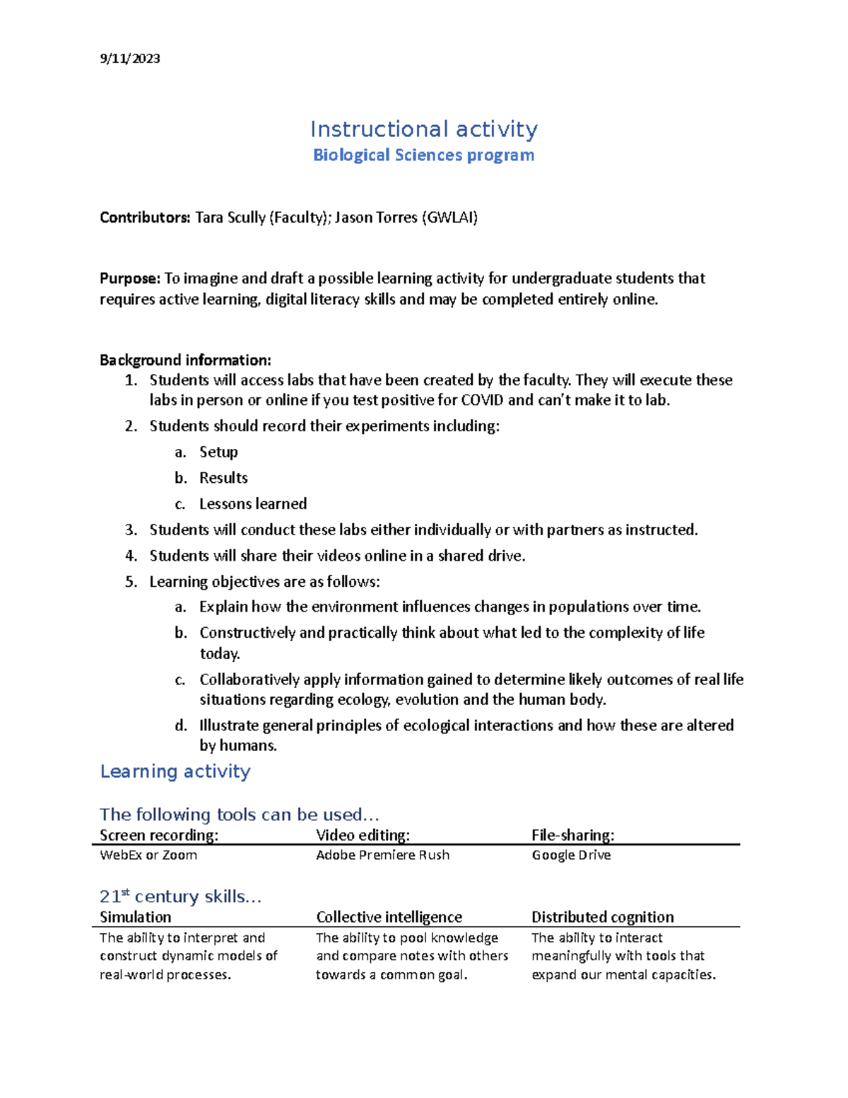 Lab Video Instructions - 9/11/ Instructional activity Biological ...