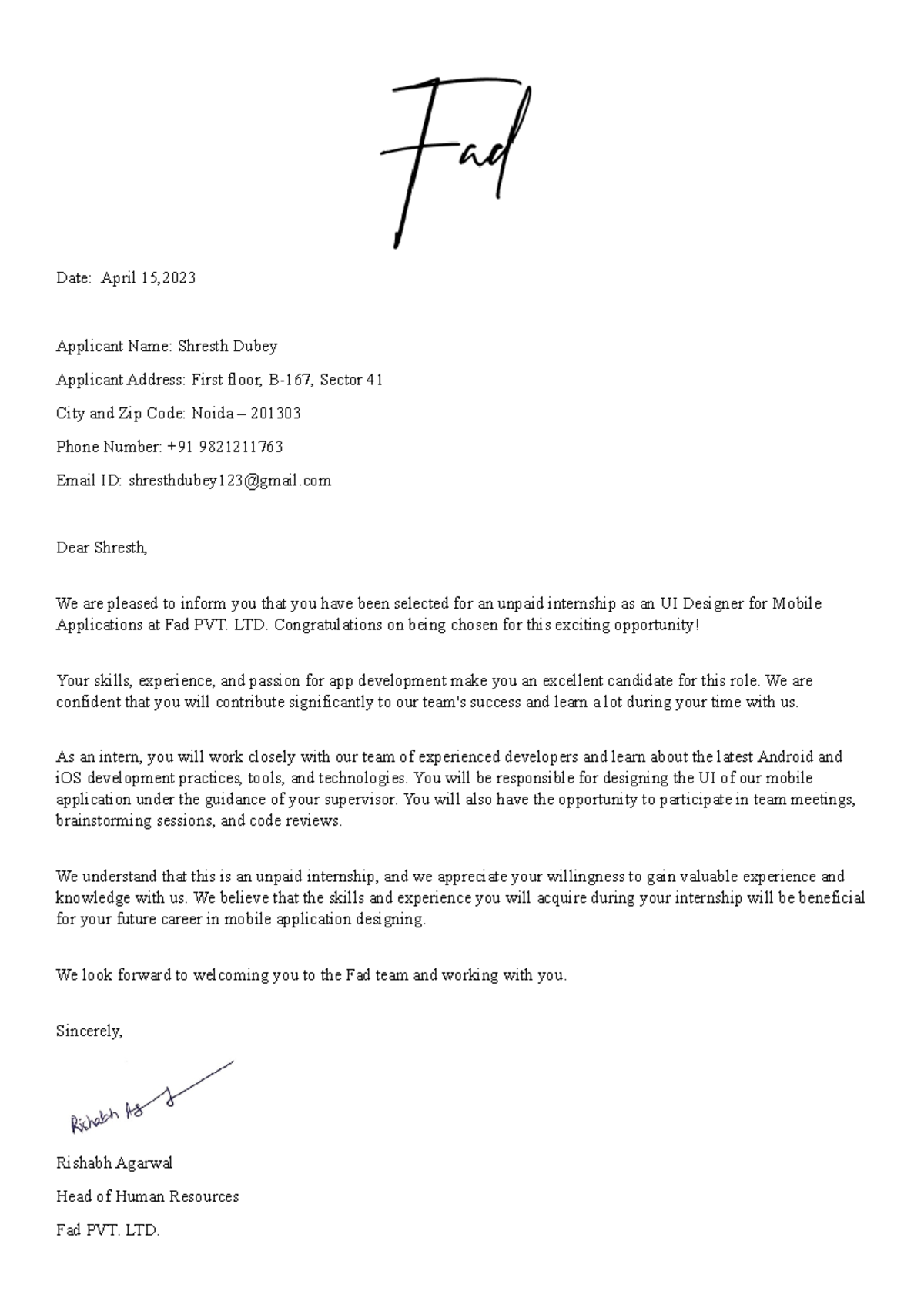 Offer Letter (Fad) - Date: April 15, Applicant Name: Shresth Dubey ...