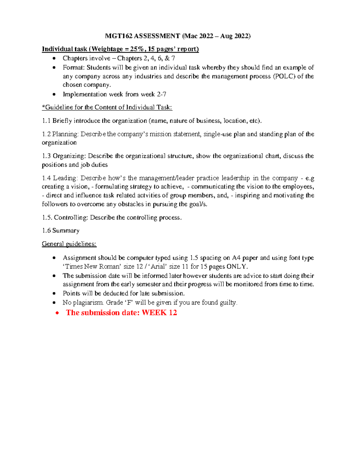 Assessment FOR MAC2022-AUG2022 - MGT162 ASSESSMENT (Mac 2022 – Aug 2022 ...