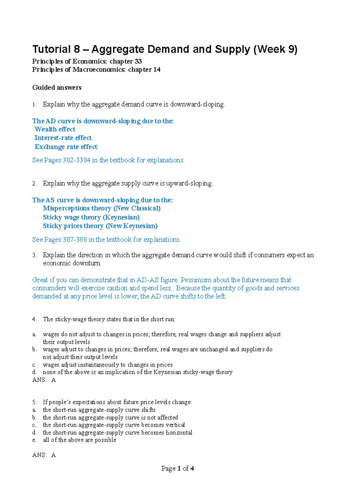 Tut8 (Week 9) Guided Ans - Tutorial 8 – Aggregate Demand and Supply ...
