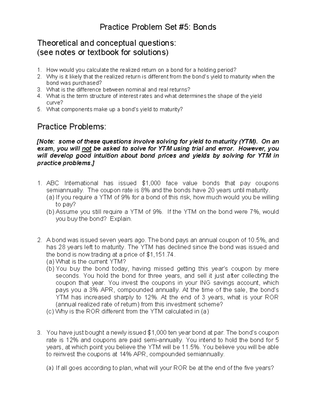 Bonds II - Practice Problem Set #5: Bonds Theoretical and conceptual ...