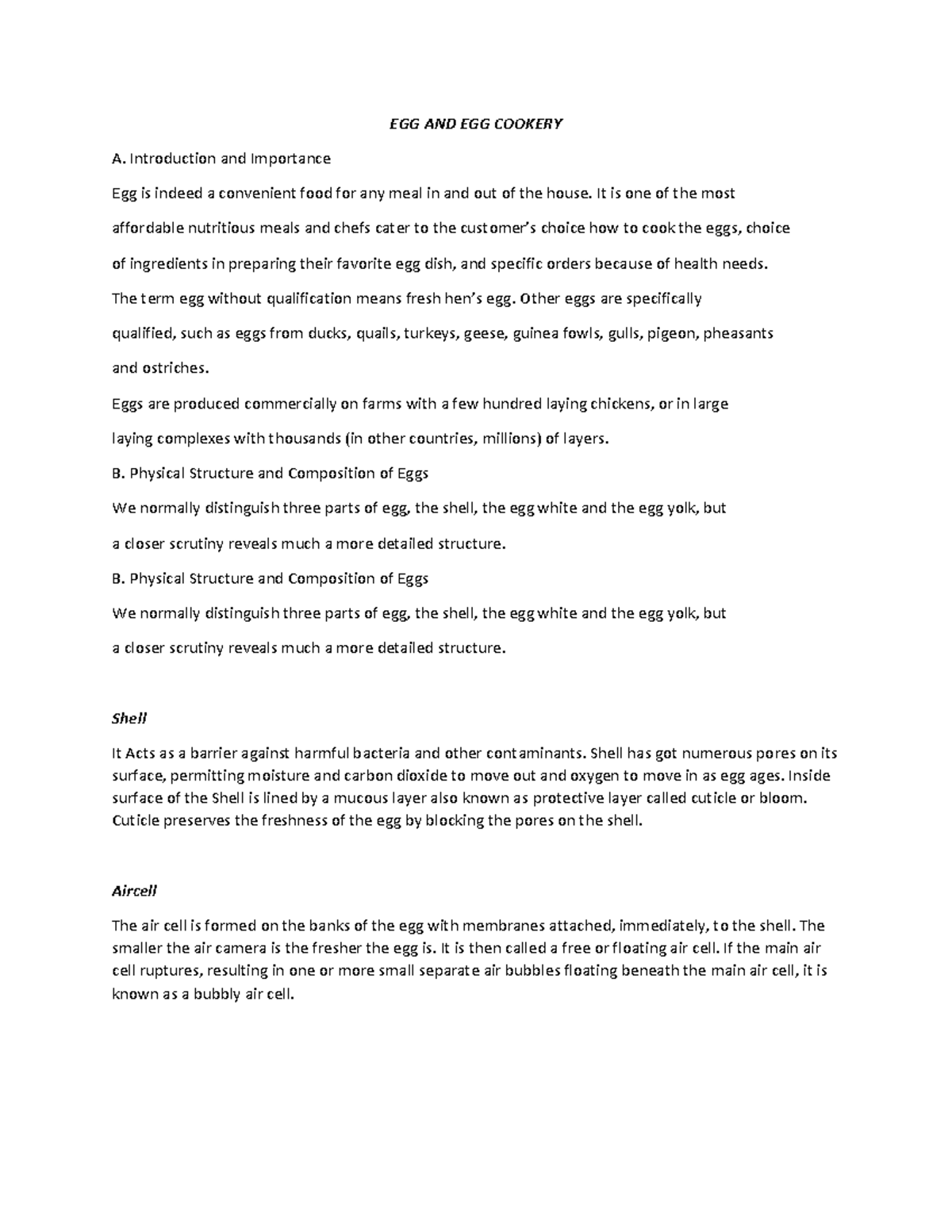 Basic Foods - EGG AND EGG COOKERY A. Introduction and Importance Egg is ...