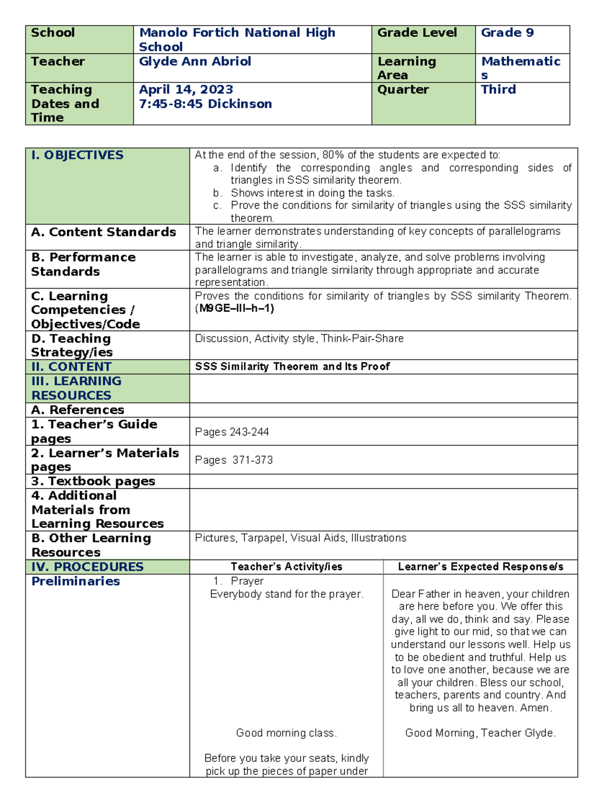 Similarity Theorem - Grade 8 Lesson Plan - School Manolo Fortich ...