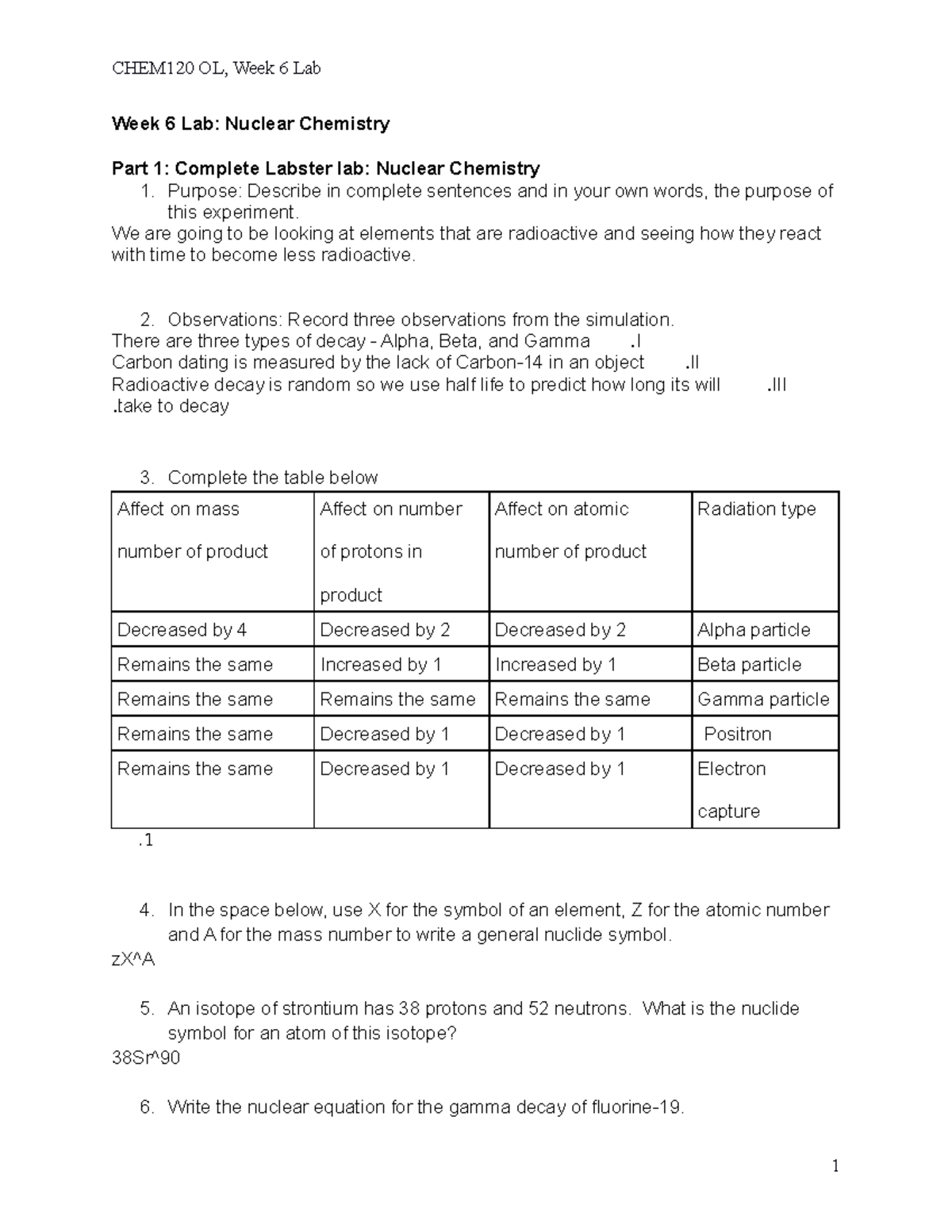 Week 6-Nuclear Chemistry - Week 6 Lab: Nuclear Chemistry Part 1: Complete Labster lab: Nuclear ...