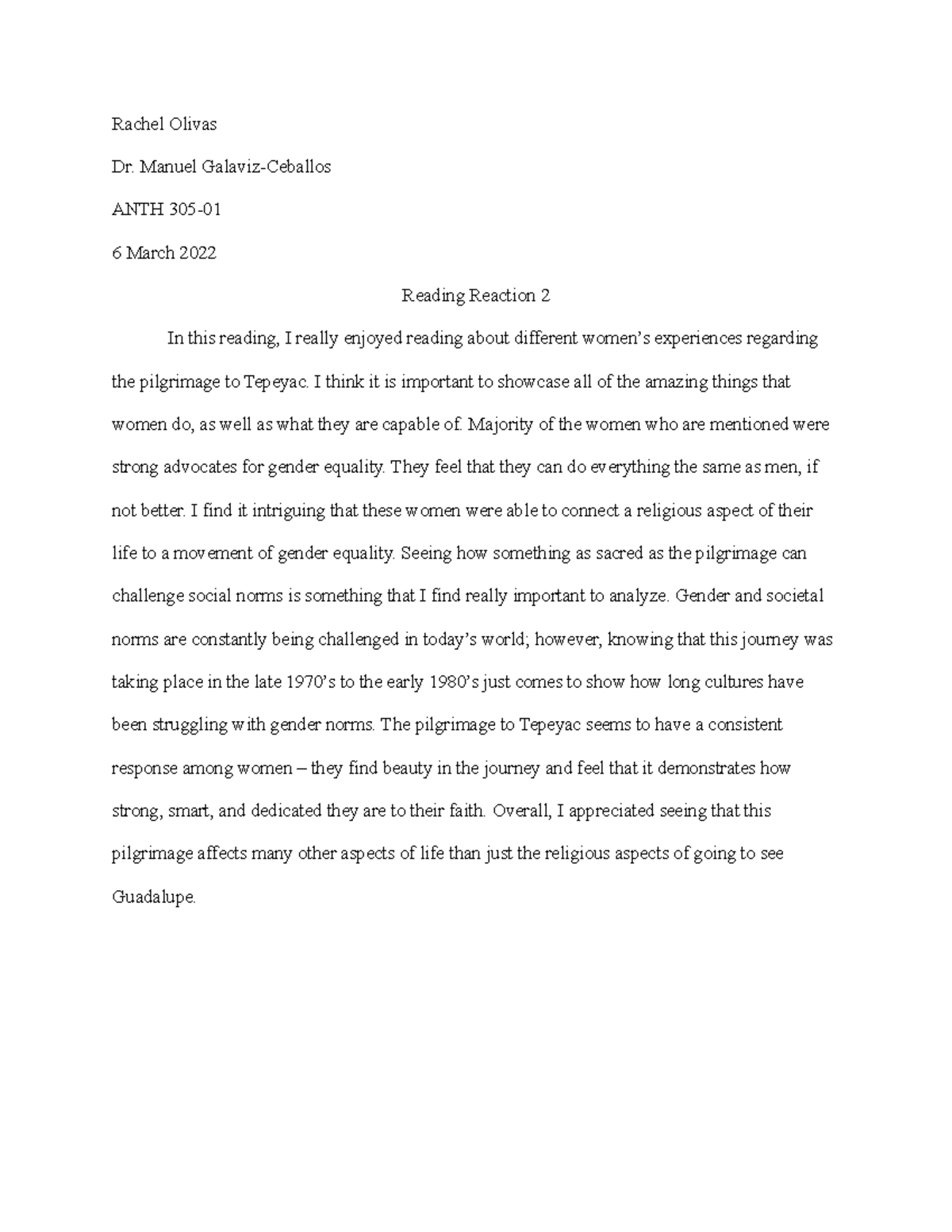 Reading reaction 2 - Rachel Olivas Dr. Manuel Galaviz-Ceballos ANTH 305 ...
