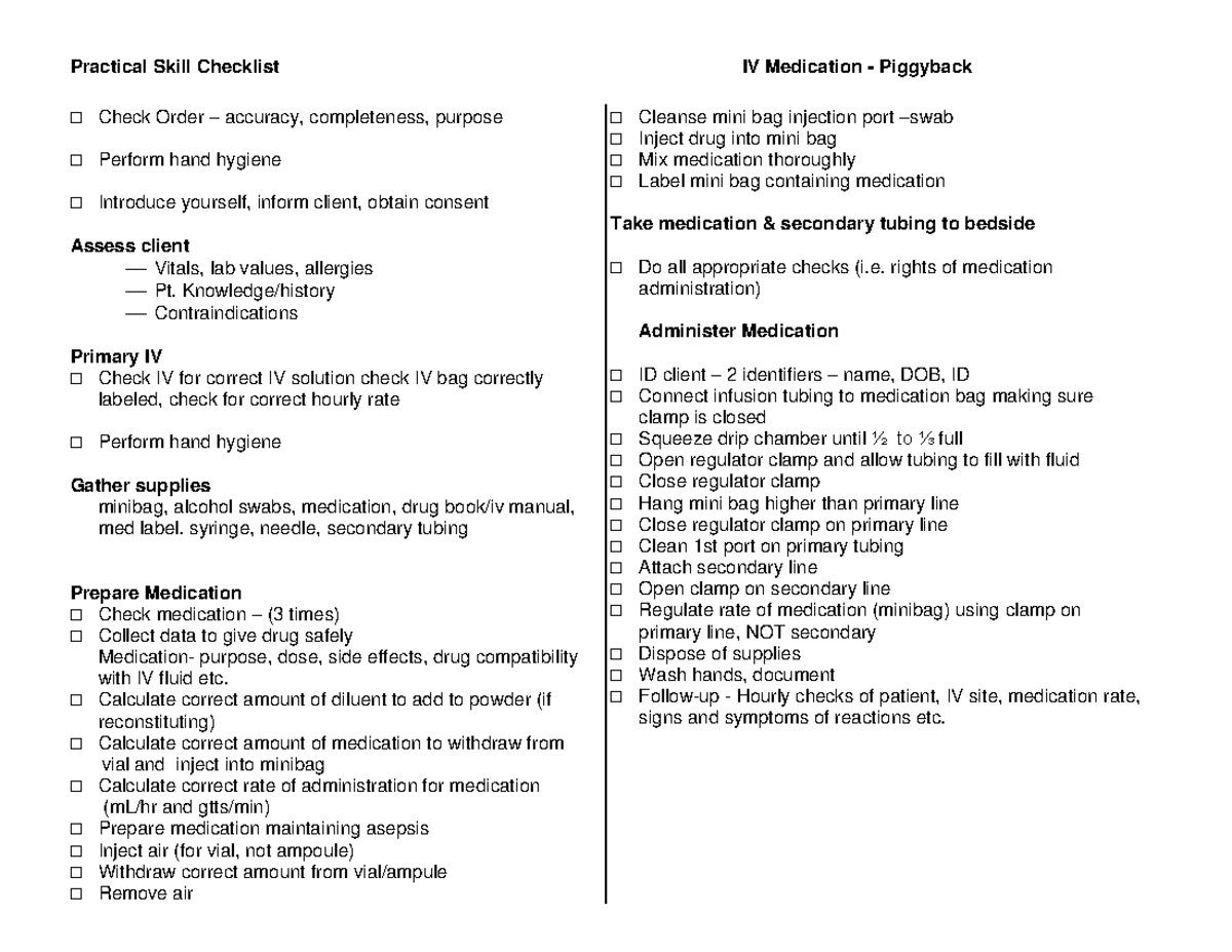 Administering an IV medication via piggyback skill checklist ...