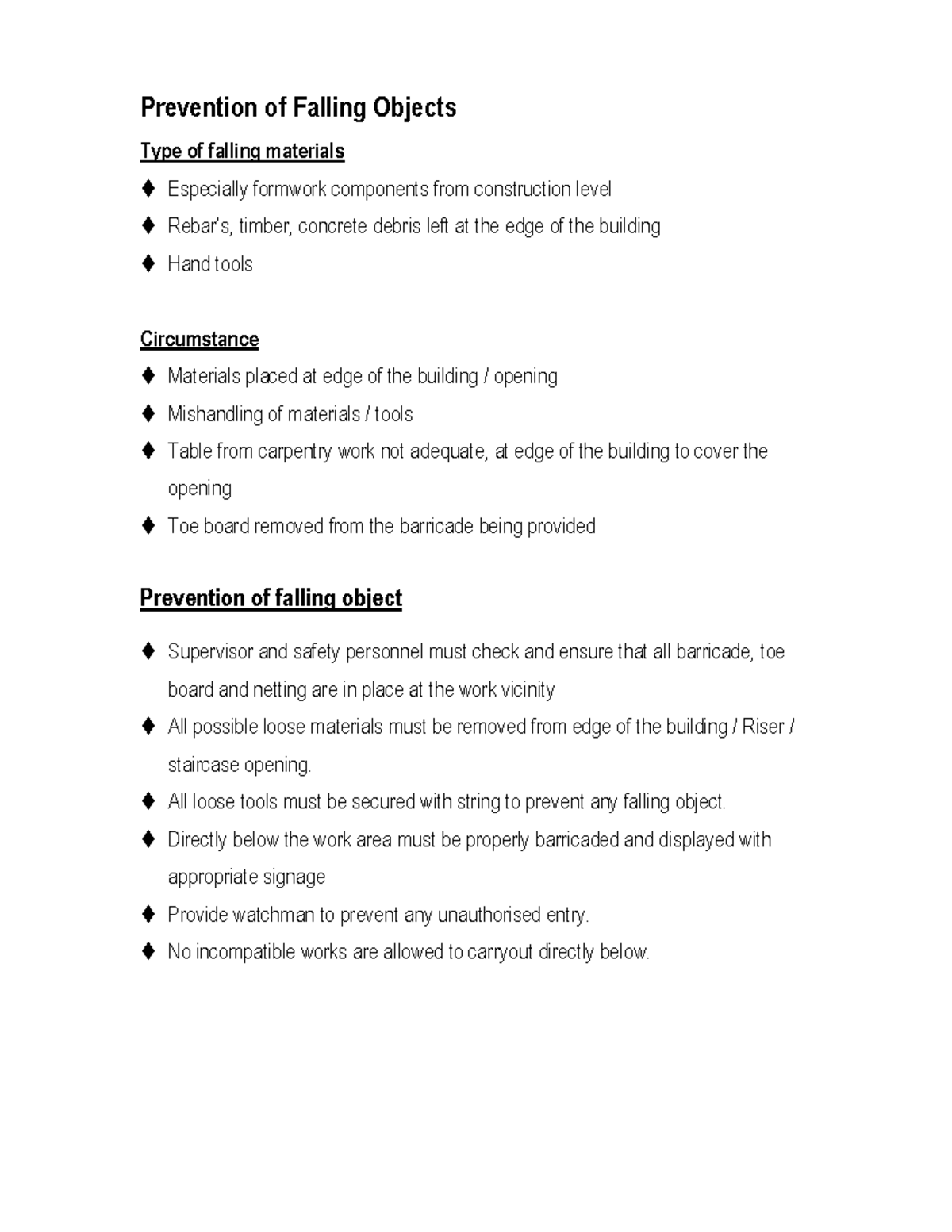 Prevention of falling object at workplace so as to prevent any ...