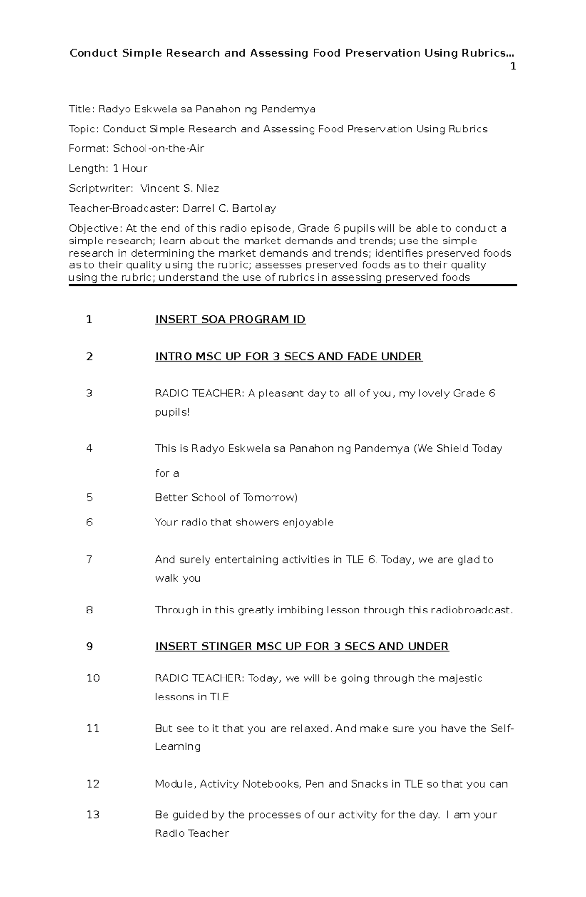 Sample of script for RBI - Conduct Simple Research and Assessing Food ...