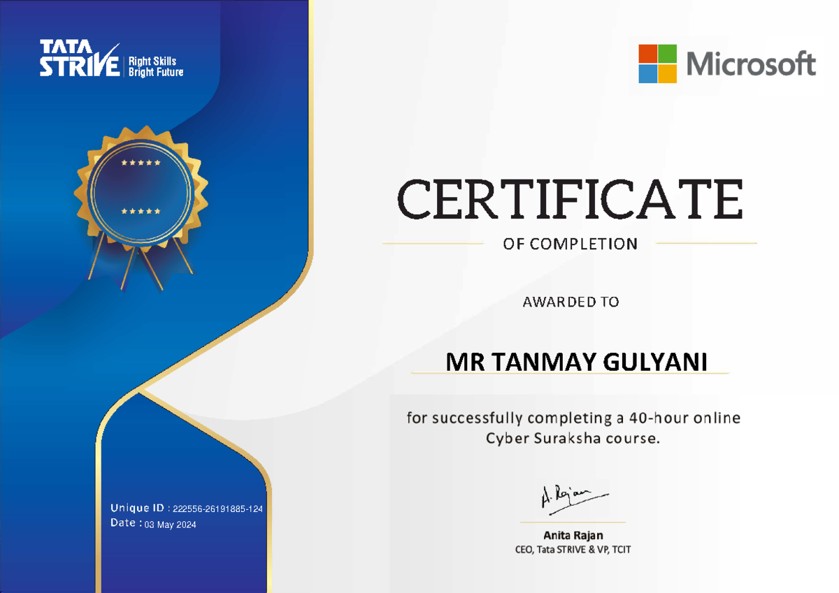 Tanmay Gulyani 3775540 - btech - II Microsoft CERTIFICATE OF COMPLETION ...