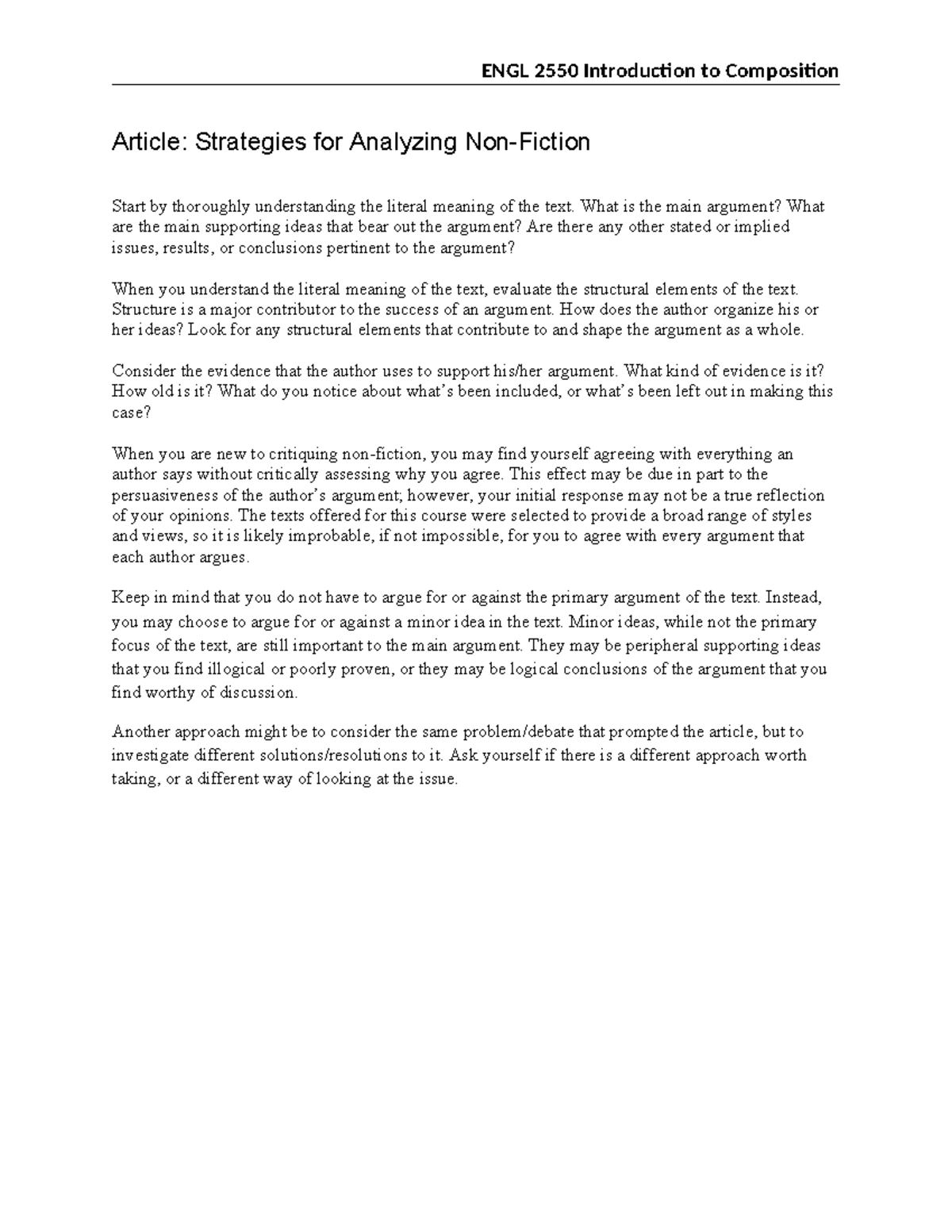 Strategies for Analyzing Non-Fiction - What is the main argument? What ...