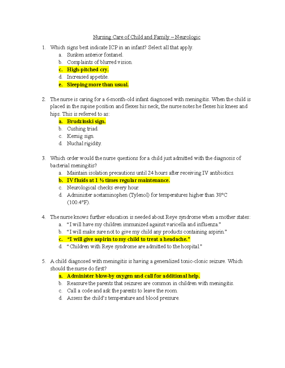 Pediatric Questions #3 - Answer Key - Nursing Care of Child and Family ...