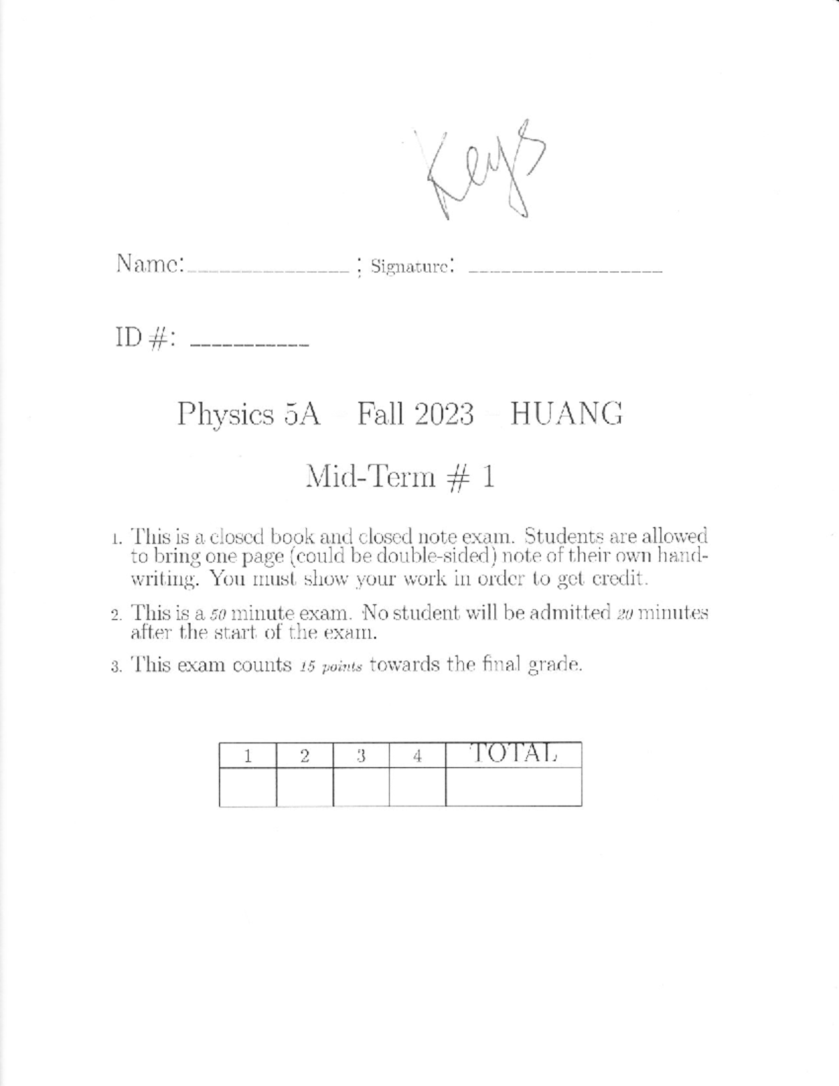 Physics 5A Mid Term 1 F23 Keys - PHYSICS 5A - Studocu
