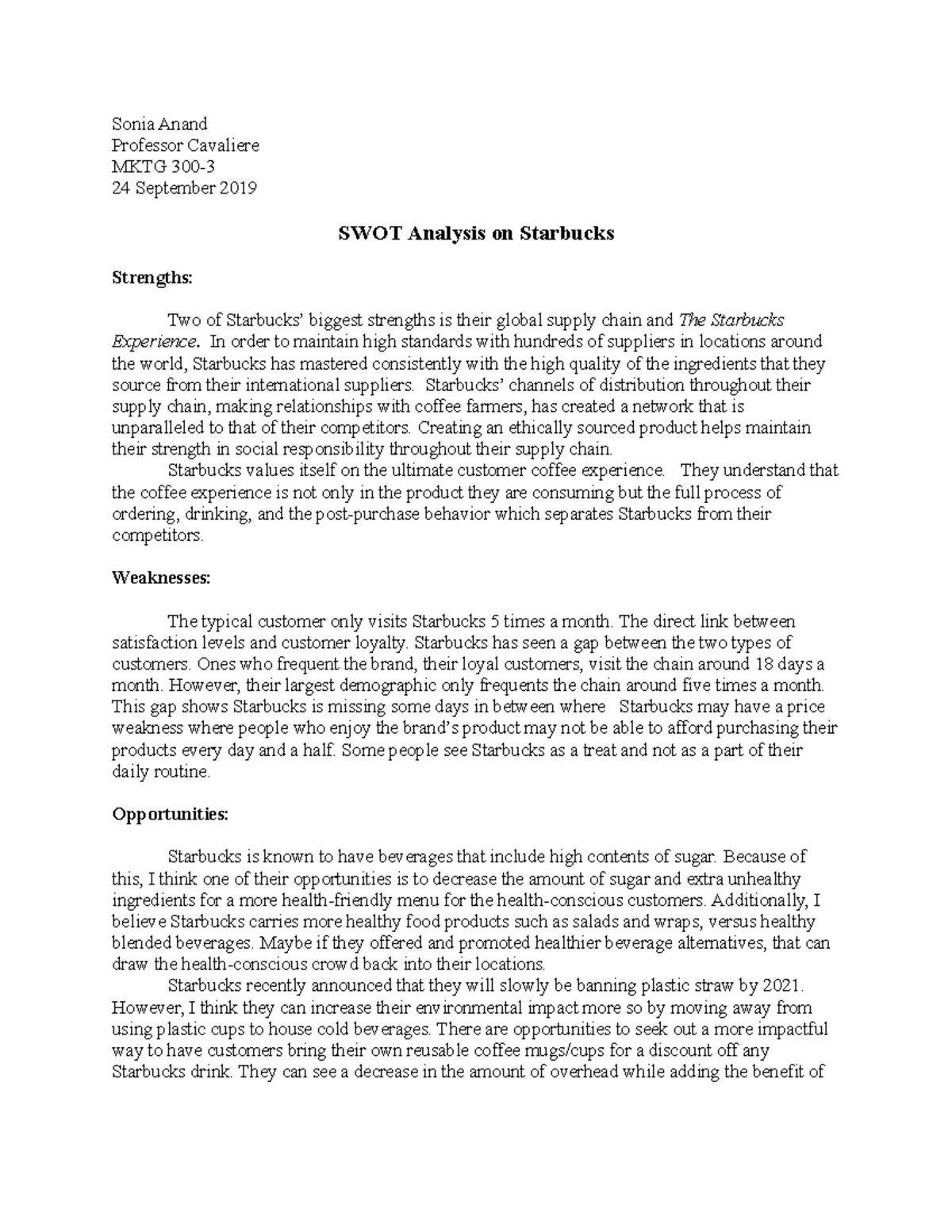 MKTG HW 2 - In-depth study homework of the SWOT Analysis on Starbucks ...