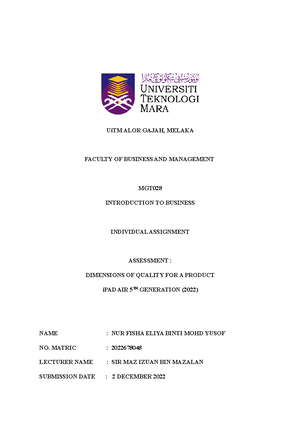 Assignment Individual MGT028 - Syafiqah Zaidi (Autosaved) - FACULTY OF ...