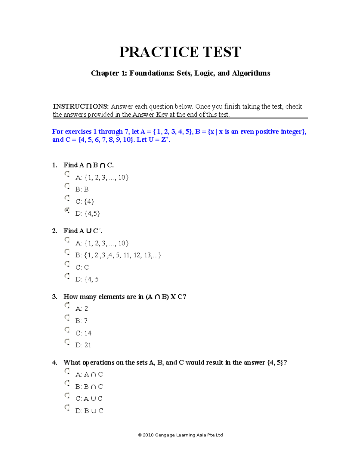 Chapter 1 Practice Test PRACTICE TEST Chapter 1 Foundations Sets