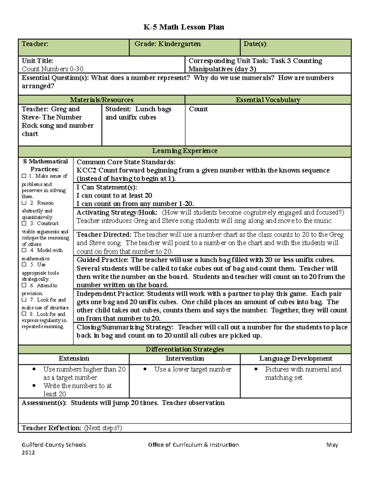 Unit 8 Task 1b - Unit 8 Task 1b. - K-5 Math Lesson Plan Teacher: Grade ...