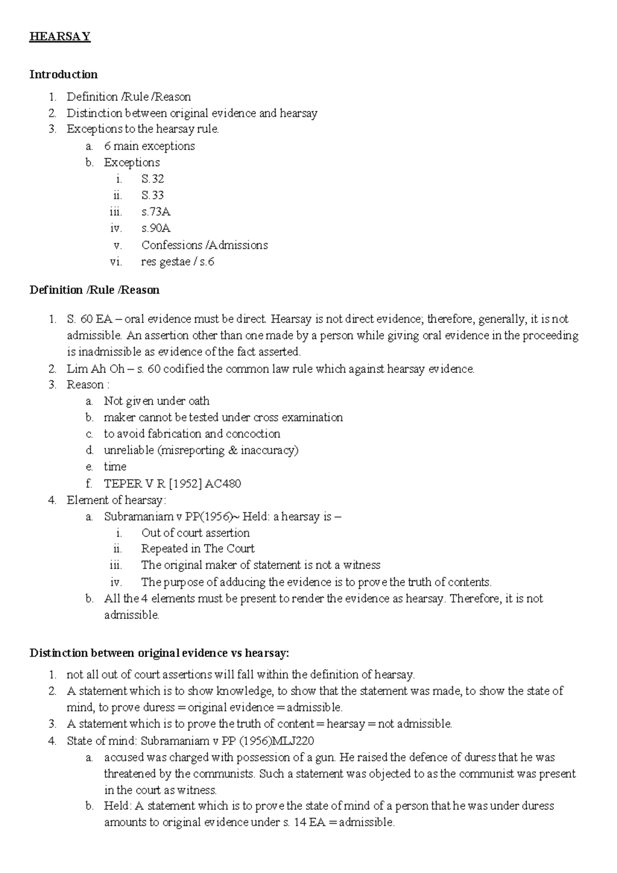 Hearsay - HEARSAY Introduction Definition /Rule /Reason Distinction ...