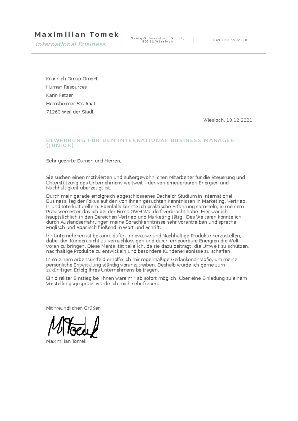 Anschreiben Krannich Solar - Krannich Group GmbH Human Resources Karin ...
