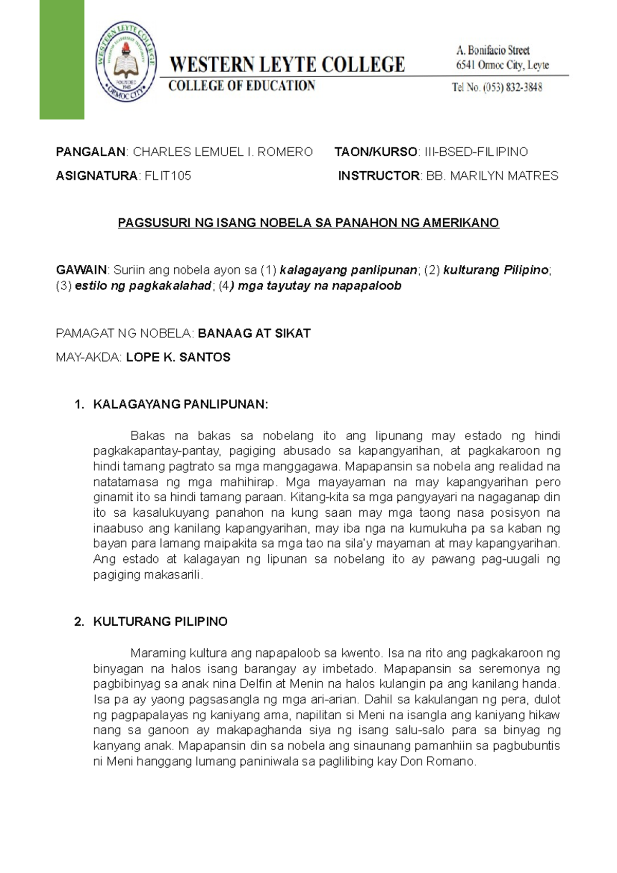 Pagsusuri ng Nobela - PANGALAN: CHARLES LEMUEL I. ROMERO TAON/KURSO ...