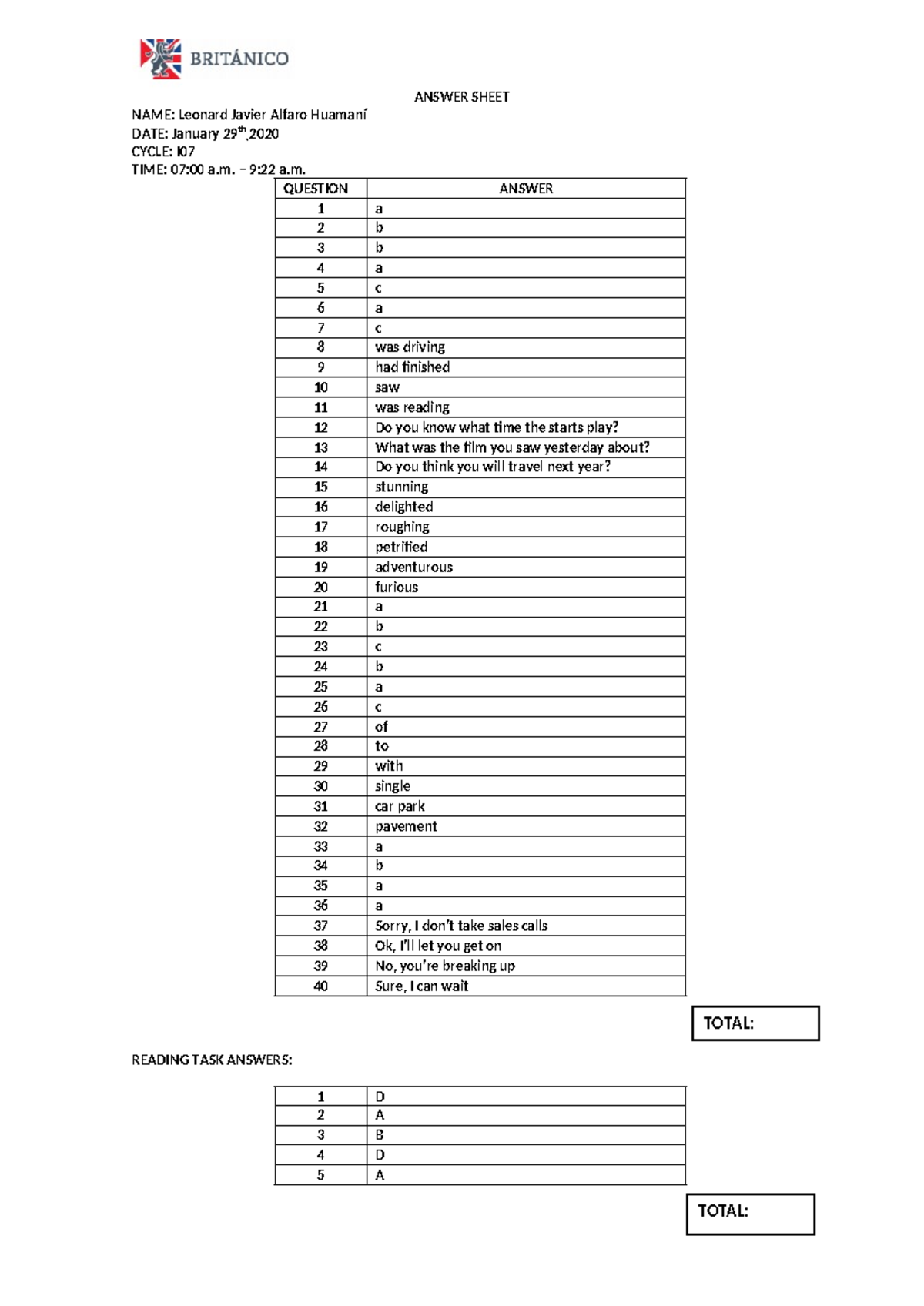 Answer Sheet Navigate Courses (10) - ANSWER SHEET NAME: Leonard Javier ...