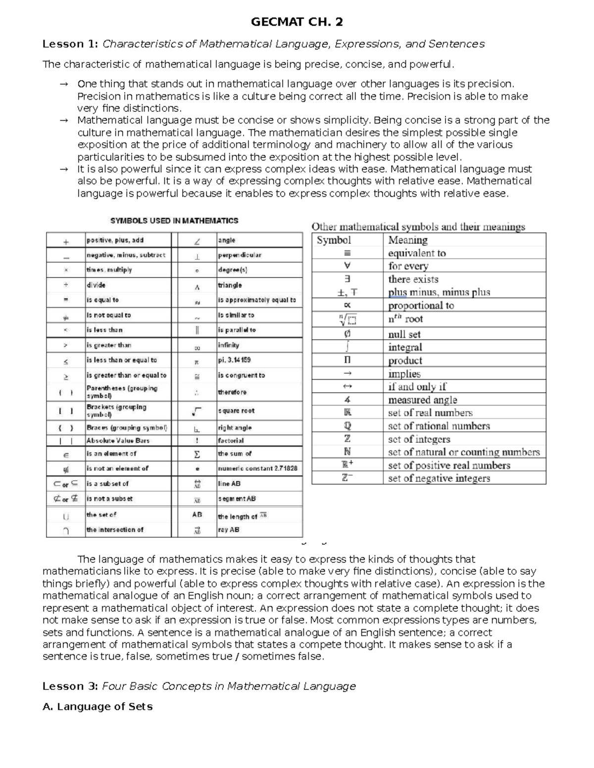  Notes Gecmat CH2 GECMAT CH 2 Lesson 1 Characteristics Of