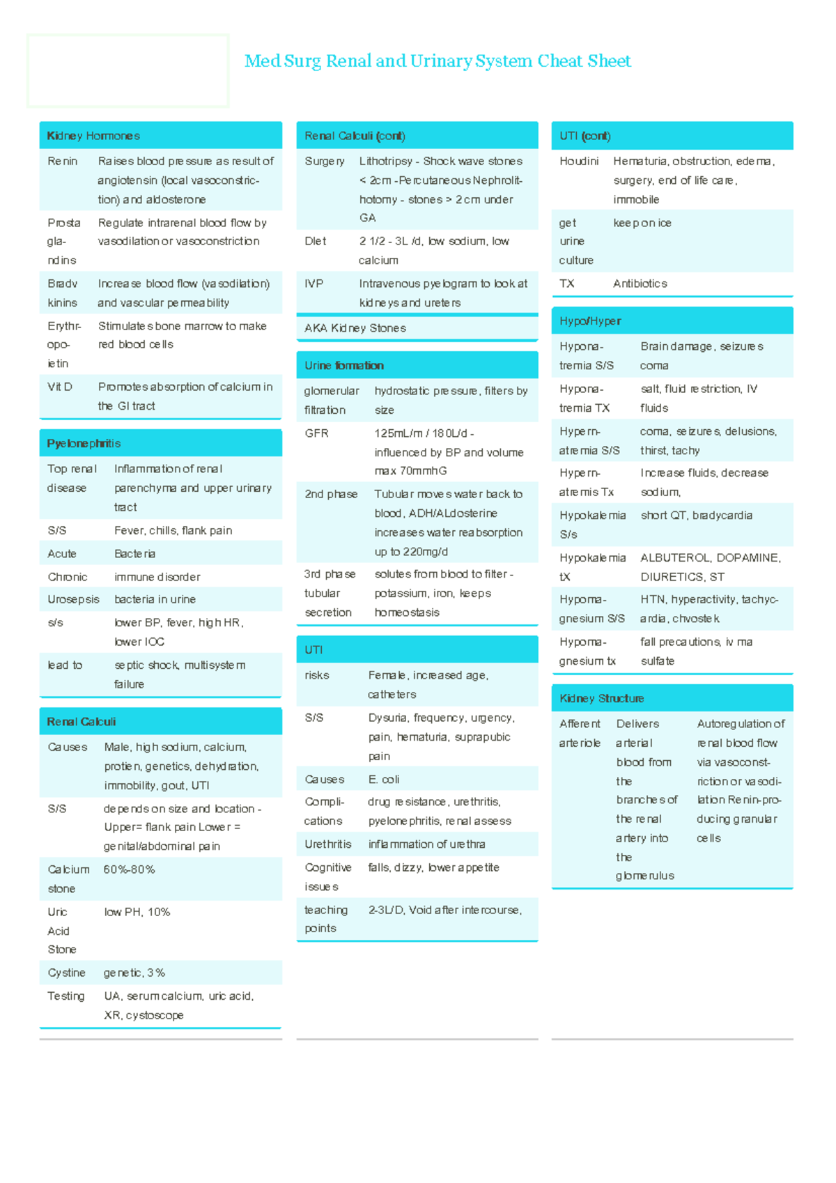 Renal Cheat Sheet - Summary Medical-Surgical Nursing II - Med Surg ...