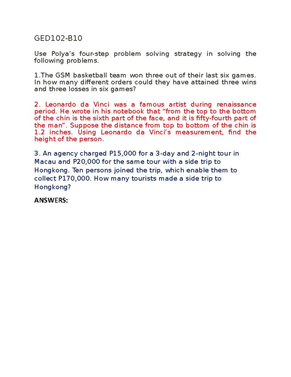 Polya's Four step problem solving seatwork - GED102-B Use Polya’s four ...