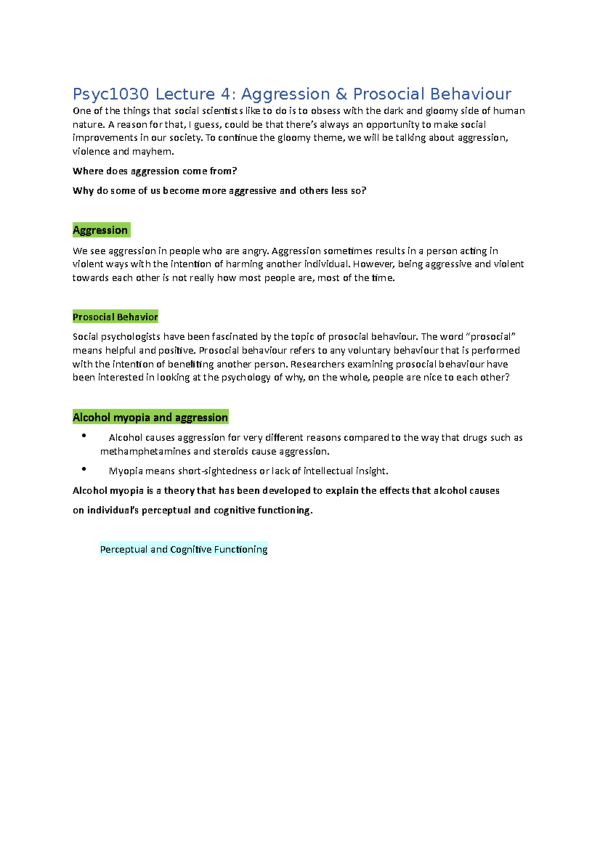 Aggression and Prosocial Behavior: Lecture 4 Summary - Studocu