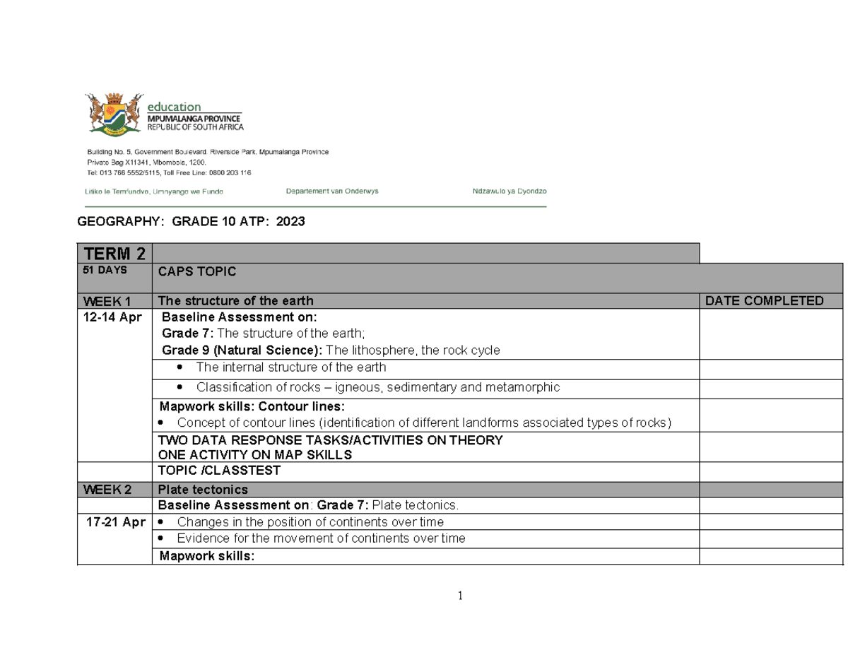 2023 ATP Grade 10 Term 2 - GEOGRAPHY: GRADE 10 ATP: 2023 TERM 2 51 DAYS ...