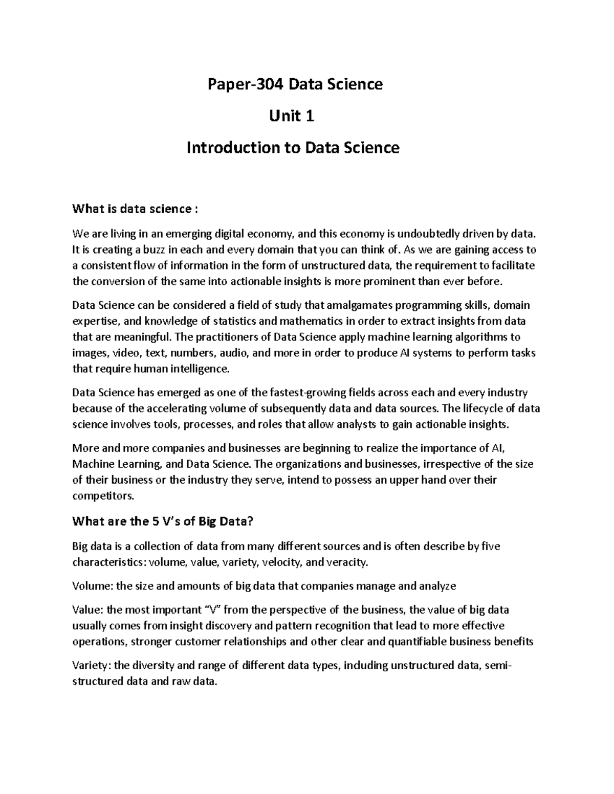 304Data Science unit 1 - Data analytics - Paper-304 Data Science Unit 1 Introduction to Data ...