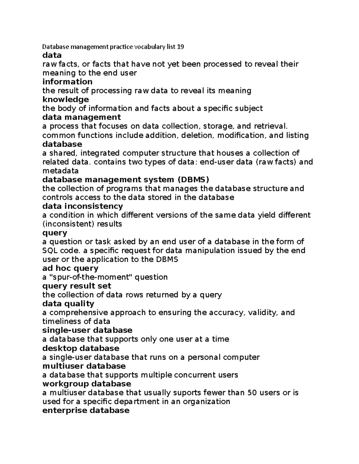 Database management practice vocabulary list 19 - common functions ...