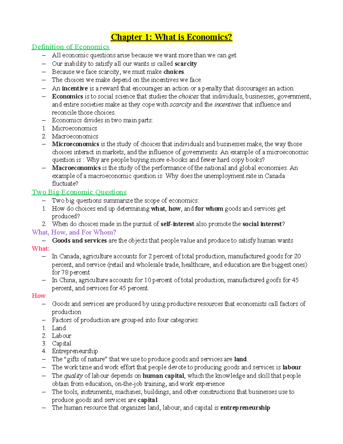 Economics Class Notes - Final exam review, - Chapter 1: What is ...