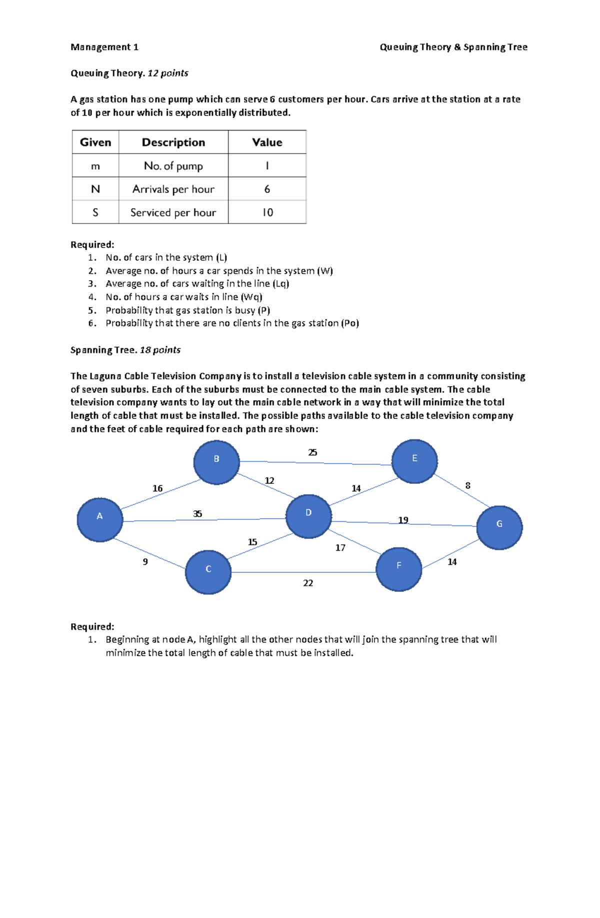 Quiz #6 - Queuing Theory and Spanning Tree - Management 1 Queuing ...