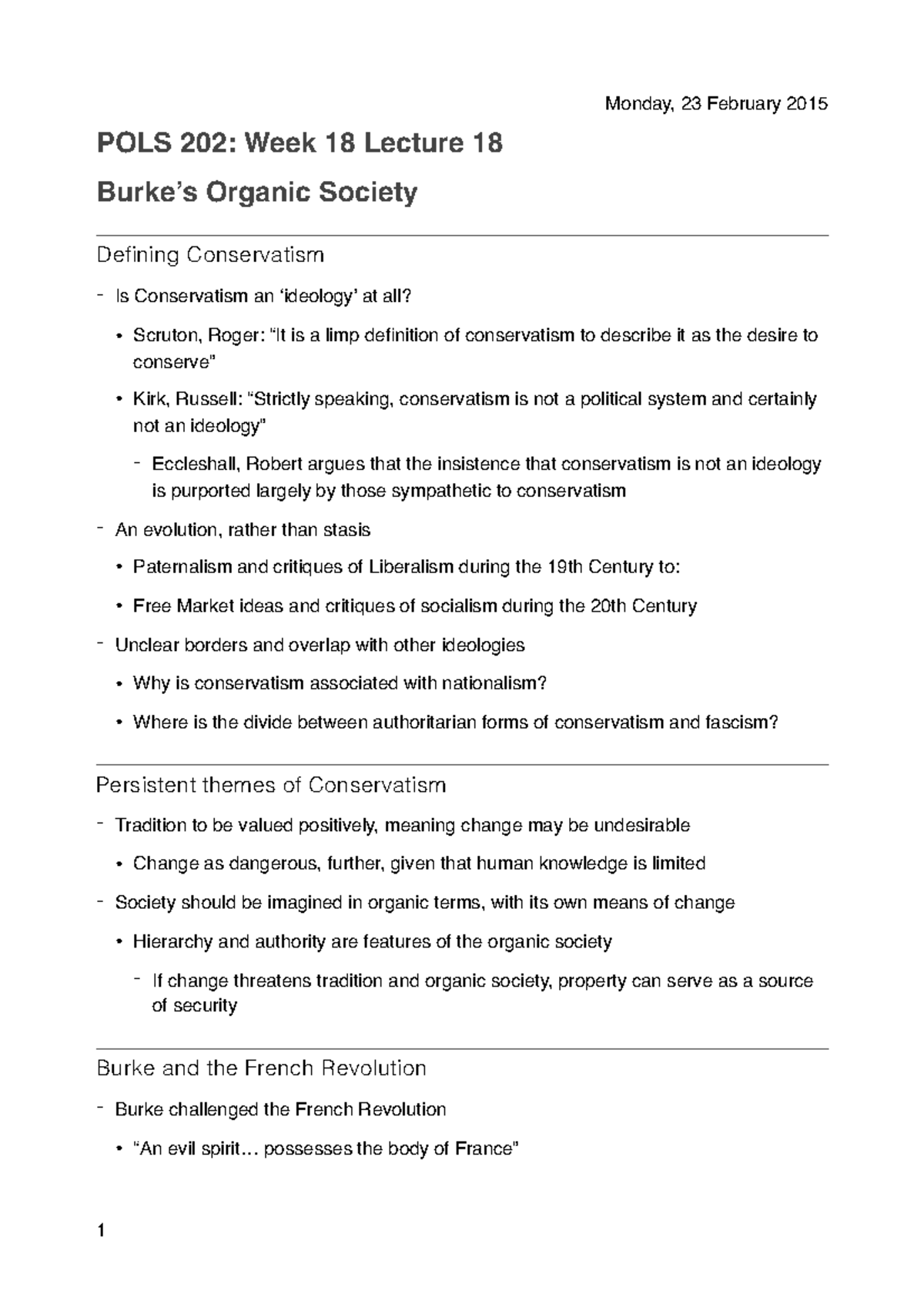 Week 18, Lecture 18: Burke's Organic Society - Monday, 23 February 2015 ...