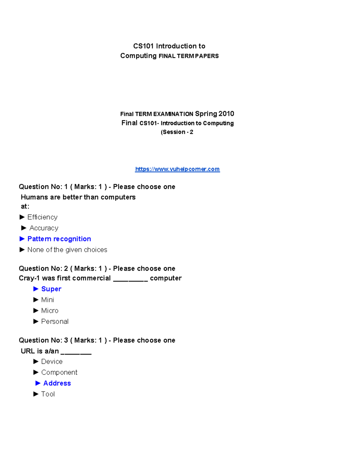 FINAL 20 September 2012, questions and answers - CS101 Introduction to ...