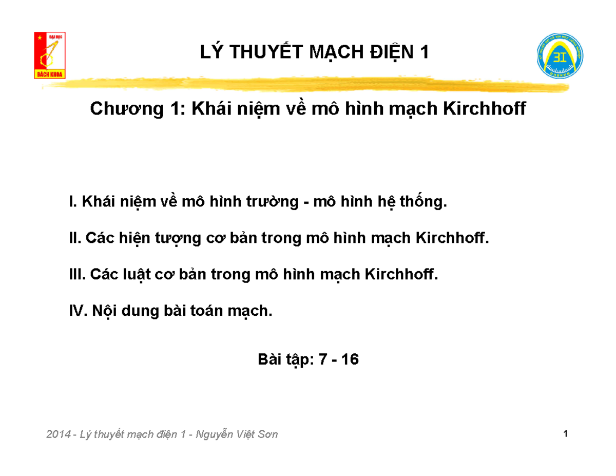 EE2020 - Chuong 01 - Khai niem mo hinh mach Kirchhof - LÝ THUYẾT MẠCH ...