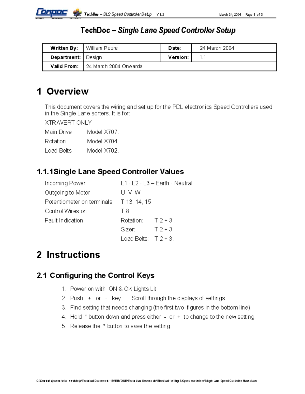 Single Lane Speed Controller Manual - TechDoc – SLS Speed Controller Setup V 1 March 24, 2004 ...