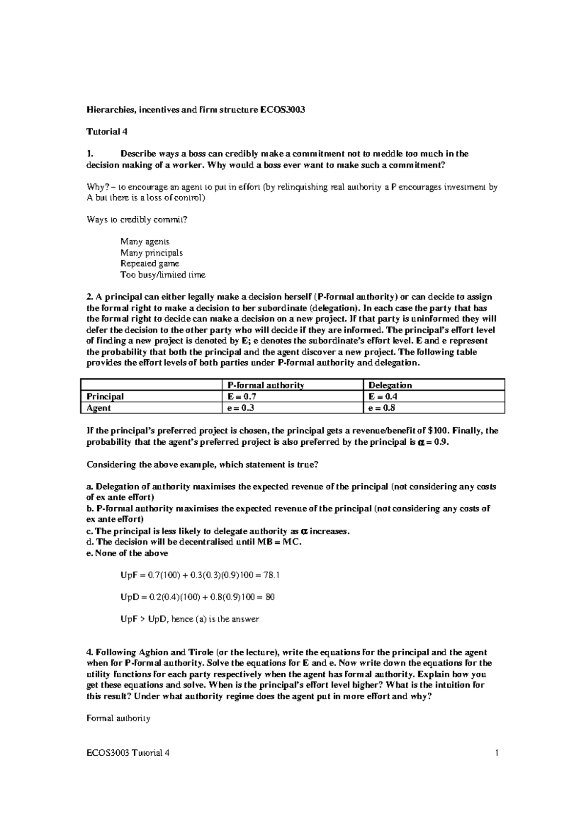 tutorial 4 answers - Hierarchies, incentives and firm structure ECOS ...