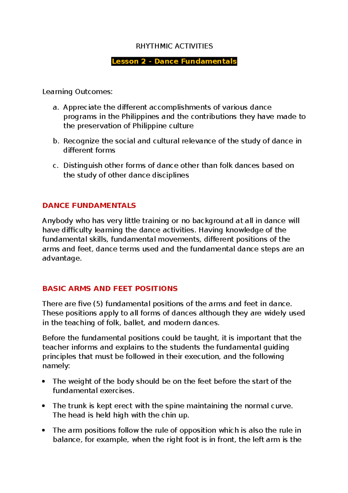 Dance Fundamentals - RHYTHMIC ACTIVITIES Lesson 2 - Dance Fundamentals ...