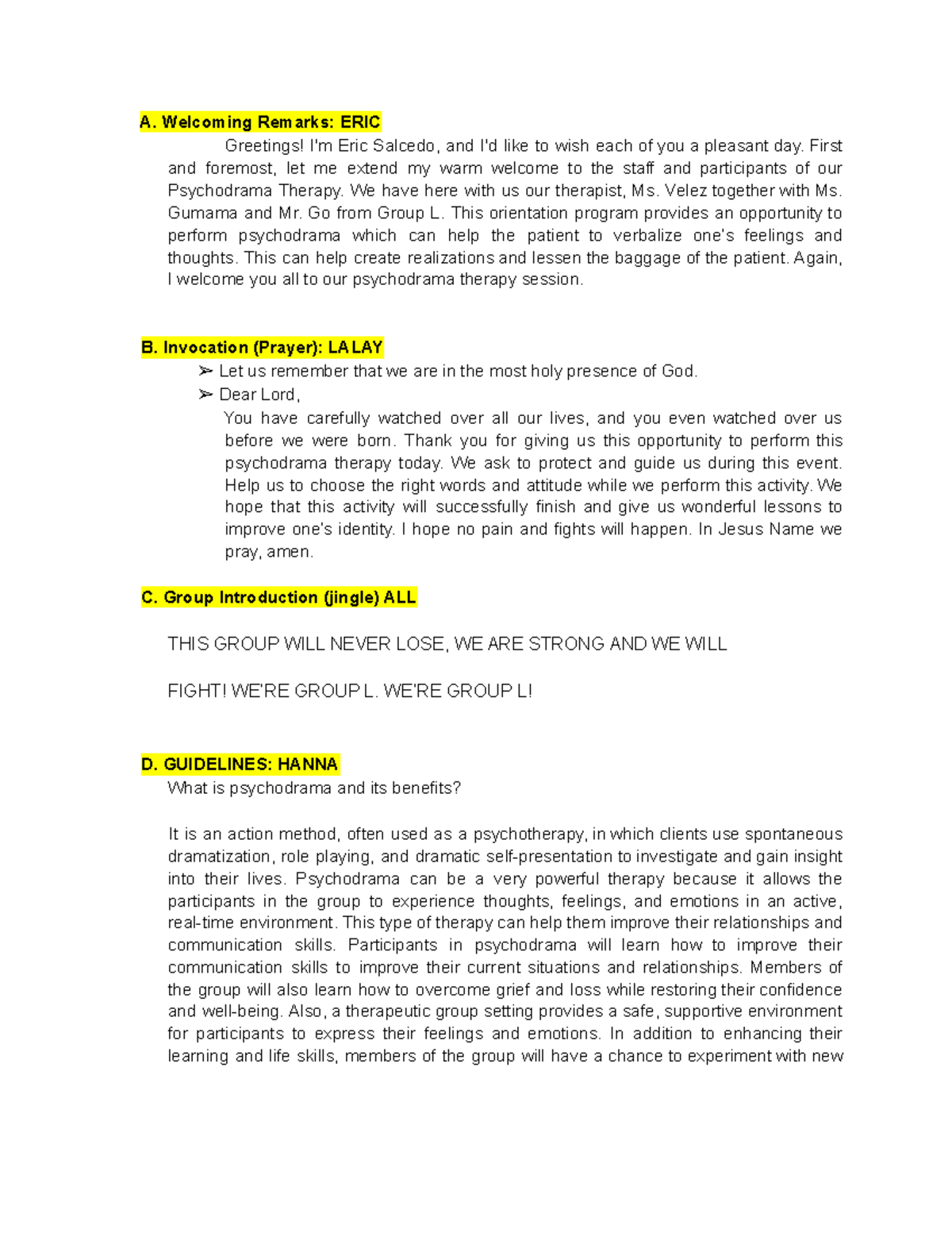 Final Script Psychodrama - A. Welcoming Remarks: ERIC Greetings! I'm ...