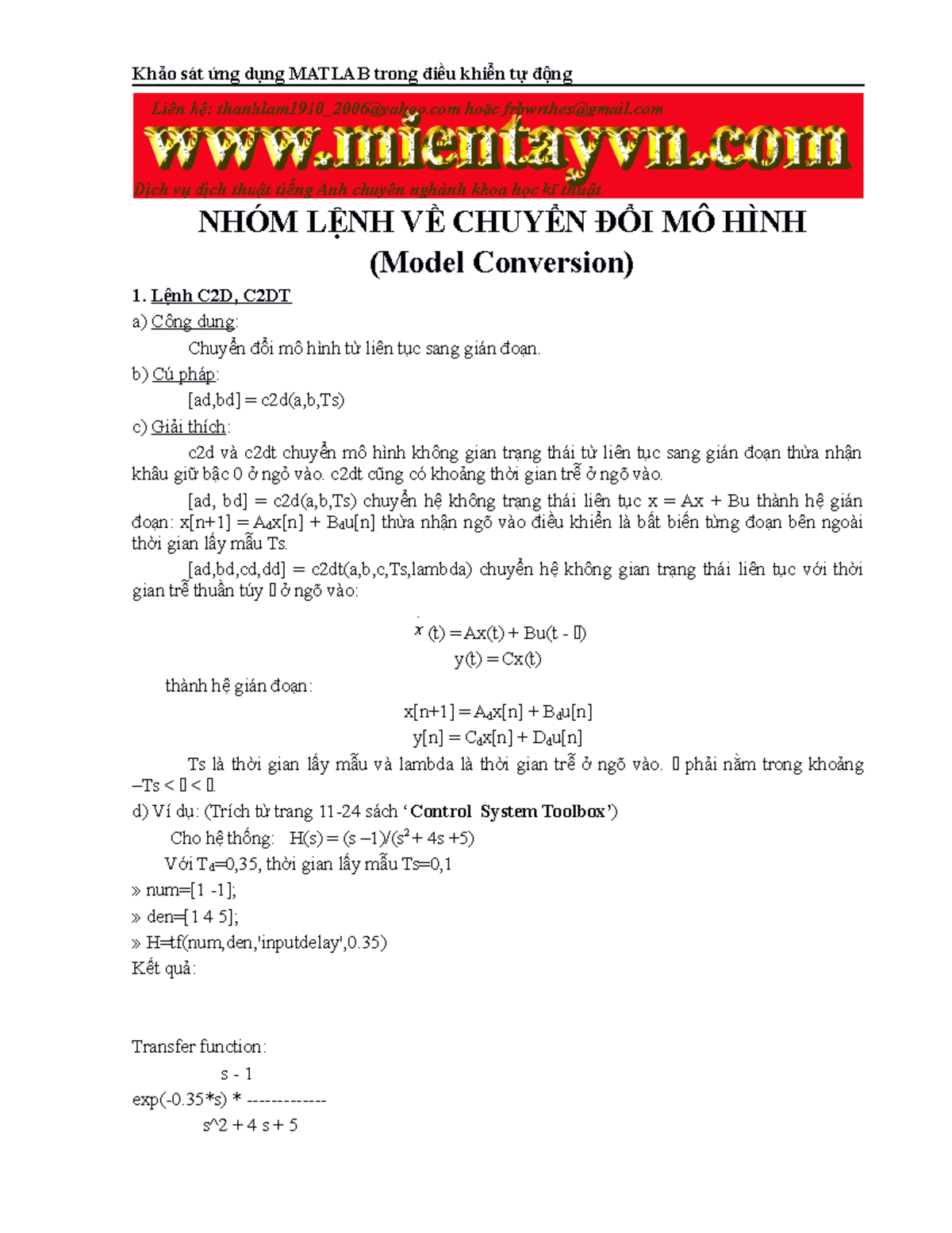 Nhom lenh chuyen doi mo hinh - NHÓM LỆNH VỀ CHUYỂN ĐỔI MÔ HÌNH (Model ...