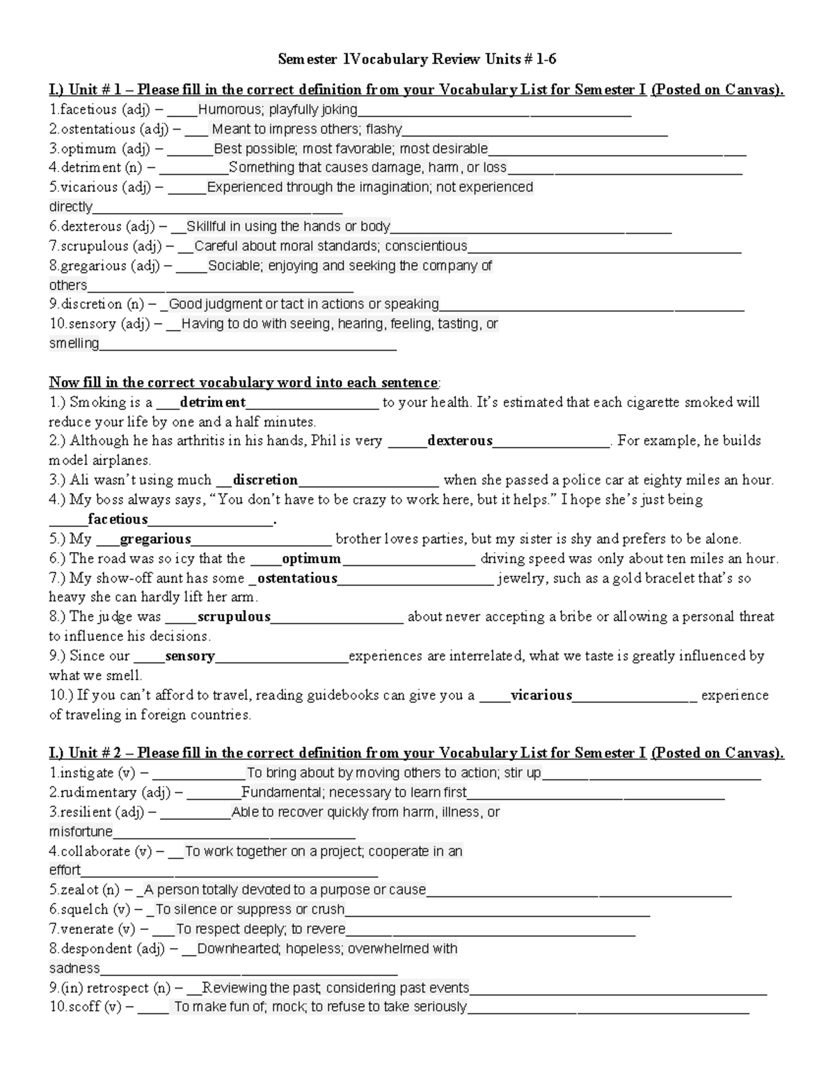 Vocabulary Review Units # 1-6 Beginning Semester 2 (1) - Semester ...