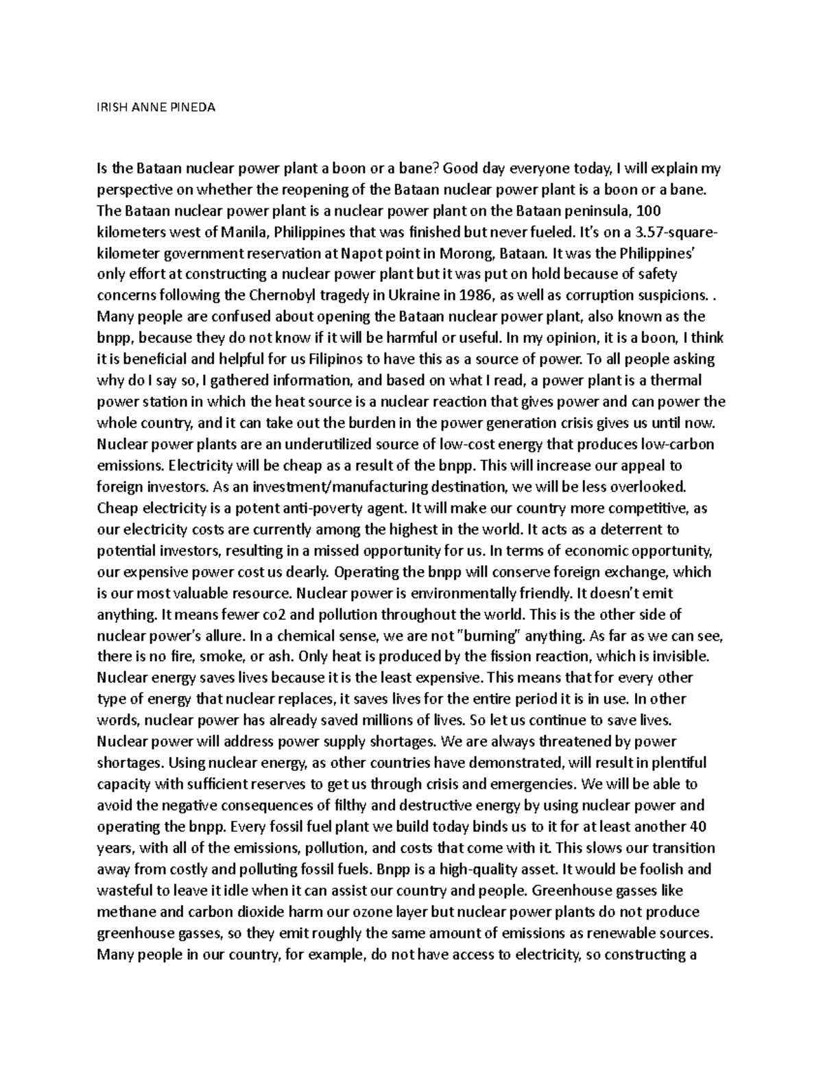 Bataan Nuclear Power Plant IT IS A BOON OR BANE - IRISH ANNE PINEDA Is ...