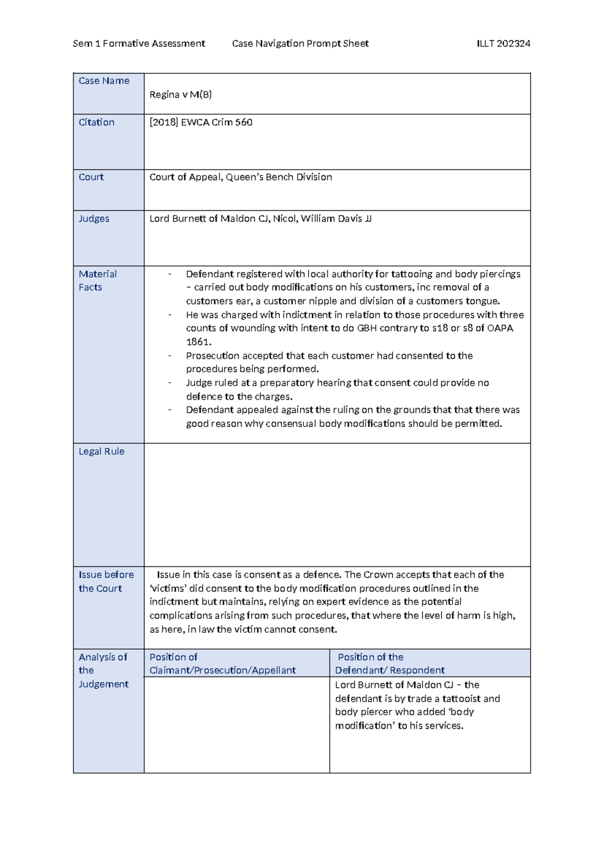 Case Review Prompt Sheet Regina v M(B) - Sem 1 Formative Assessment ...
