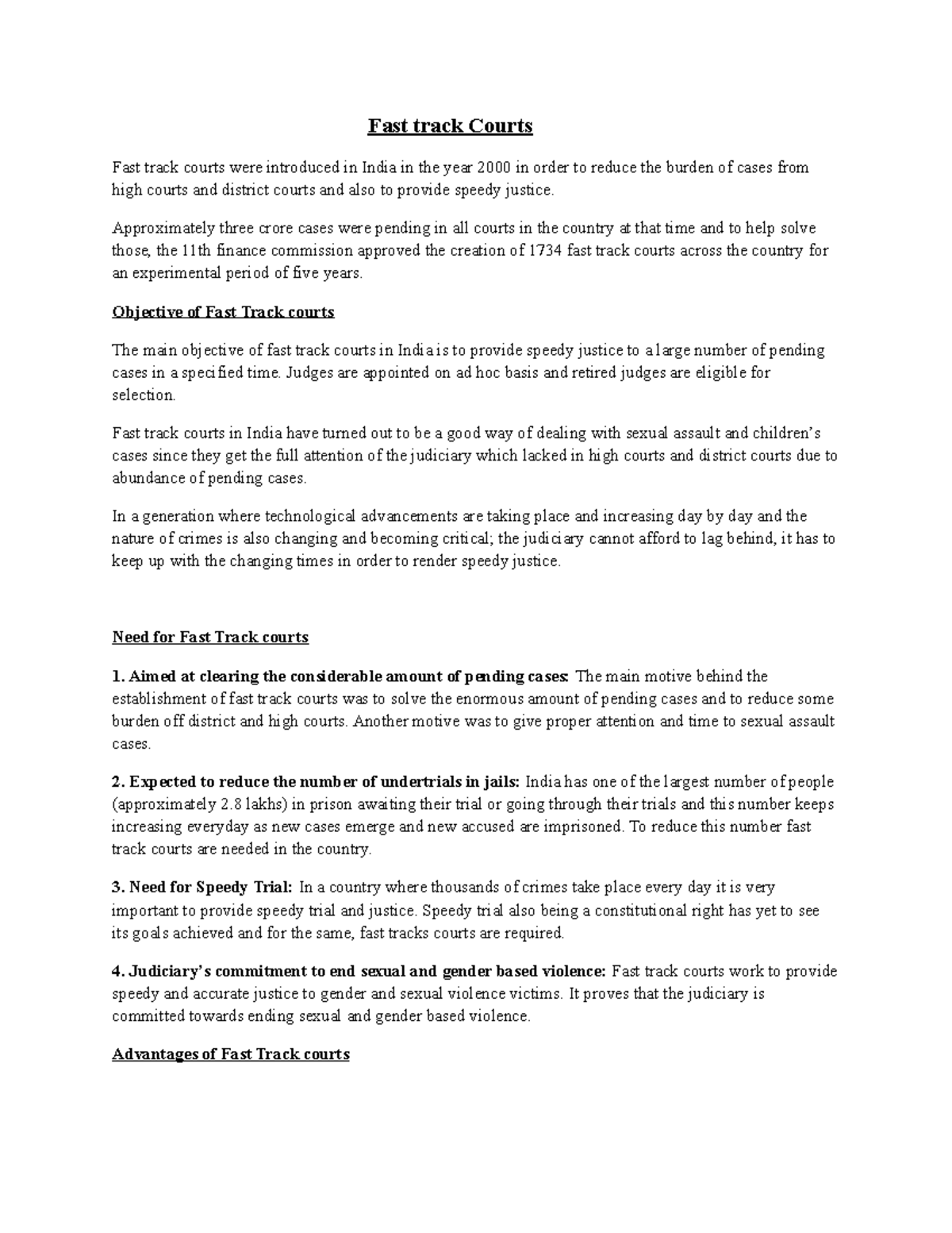 Fast Track Courts - Fast track Courts Fast track courts were introduced ...