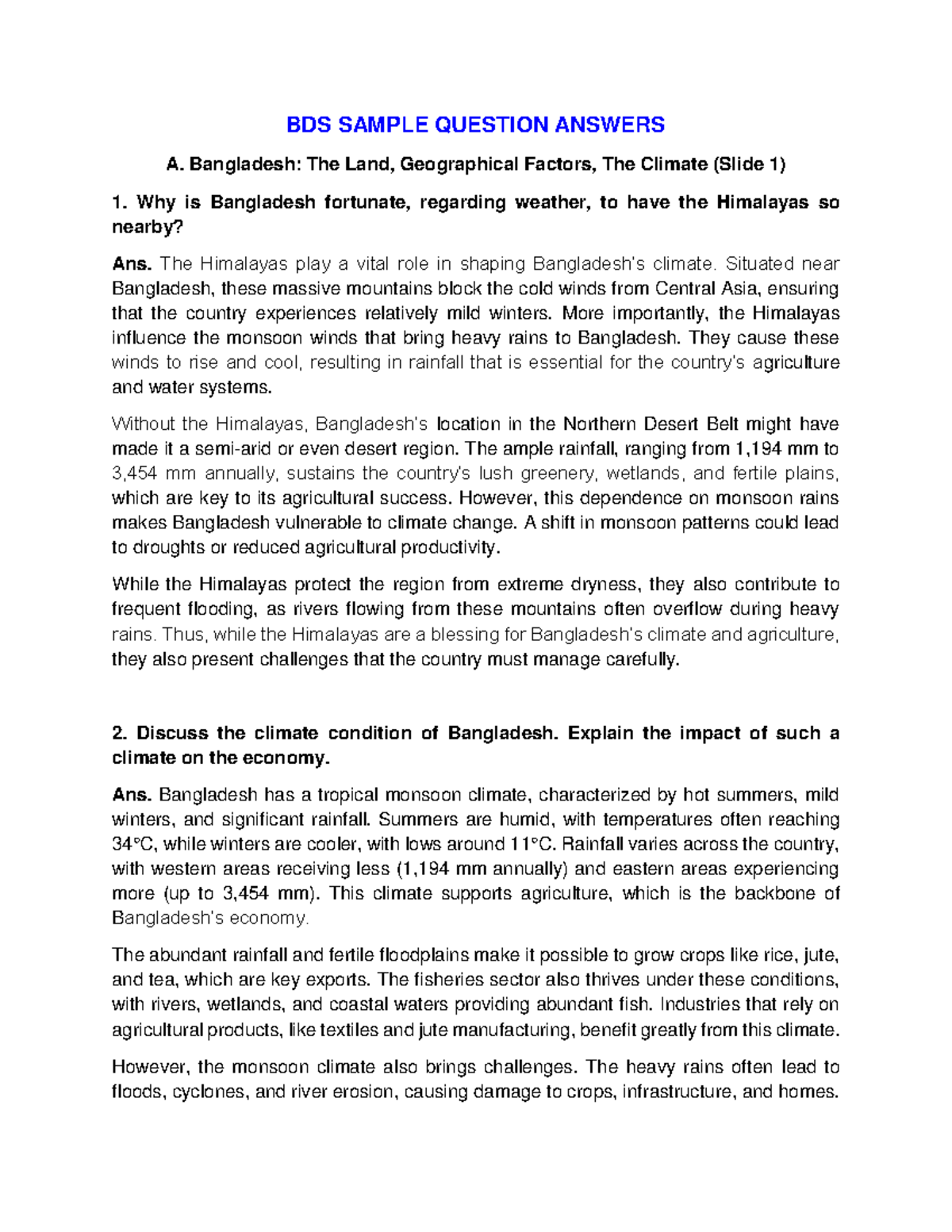 BDS Sample Question Answers Based ON THE Slides - BDS SAMPLE QUESTION ...